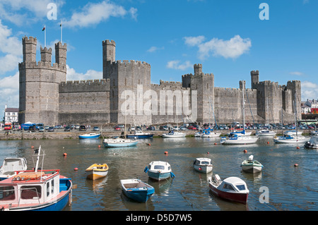 Wales, County Gwynedd, Caernarfon Castle, Welsh flags atop Eagle Stock ...