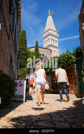 Tourist destination Rovinj, street view of a restaurants along the ...