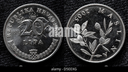 coin twenty croatian lipa macro isolated on black background. Detail of ...