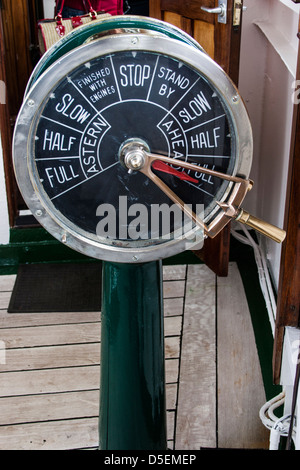 Engine room telegraph on board the steam powered tugboat SS Master ...