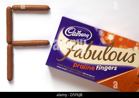 Box of Cadbury Fabulous praline fingers opened to show chocolate ...