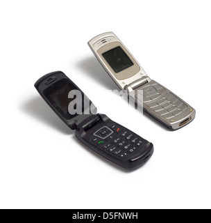 Close up of Samsung retro flip phone isolated on a plain white ...