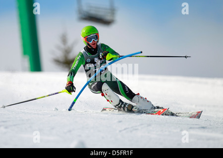 An alpine skier at a gate while racing on the giant slalom course Stock ...