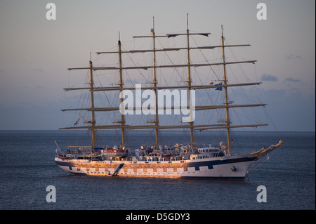 Caribbean sea, the five masted ship SPV Royal Clipper, sailor working ...