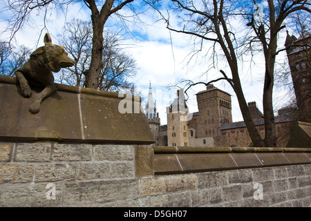 The Animal Wall, alongside Cardiff Castle clock tower, Cardiff, South ...