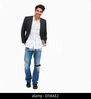 Image of stylish handsome man in black suit, cringe from something ...