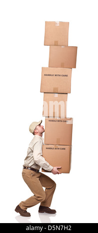 Portrait of delivery man in uniform holding parcel box isolated over ...