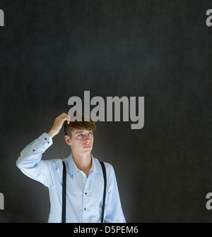 Thinking, head scratch and man brainstorming solution, problem solving ...