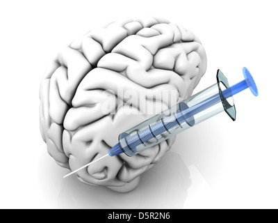 Syringes injecting substances into a human brain Stock Photo - Alamy