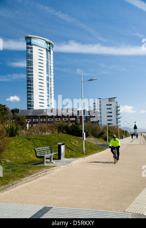 cyclist on swansea bay cycle path, marine walk, maritime quarter ...