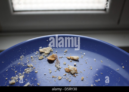 lots of bread crumbs on blue plate by kitchen window Stock Photo - Alamy