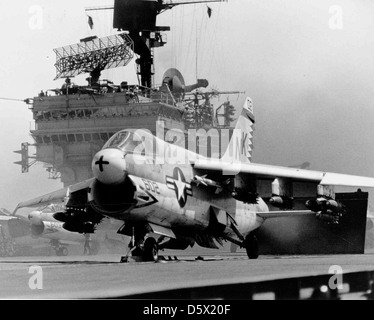 The LTV A-7A 'Corsair II' of Attack Squadron 27 is shown loaded with ...