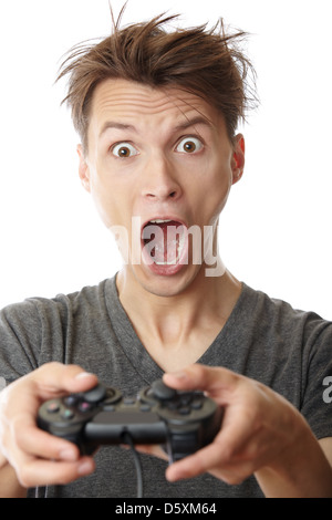 Man with joystick playing horror computer game Stock Photo - Alamy