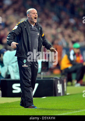 Bremen's coach Thomas Schaaf gestures during a German Bundesliga match ...