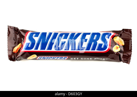 Snickers chocolate bar on white background with open cut up bar by ...