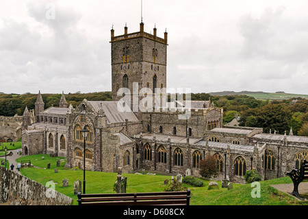 The stone built cathedral of St Davids Eglwys Gadeiriol Tyddewi was ...
