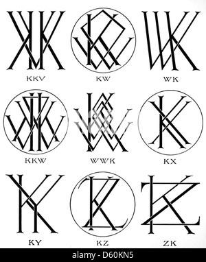 A 1906 illustration showcasing monograms and ciphers used in typography ...