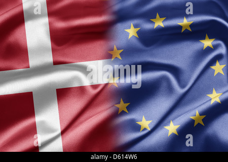 The national flag of Denmark and the flag of the European Union flutter ...