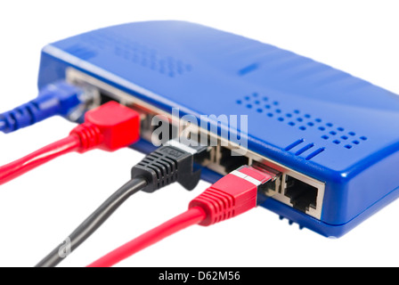 Blue ethernet switch with multicolor cables isolated on white ...