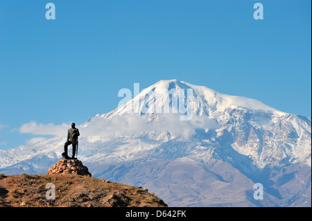 Statue of a fedayee (Armenian warrior) with Mount Ararat in the ...