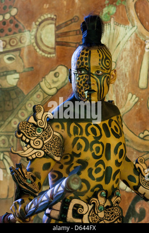 Mayan Dancer Representing Ek Balam (Jaguar), a warrior god, placing ...