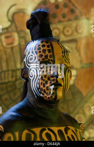Mayan Dancer Representing Ek Balam (Jaguar), a warrior god, placing ...