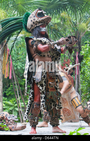 Mayan Dancer Representing Ek Balam (Jaguar), a warrior god, placing ...