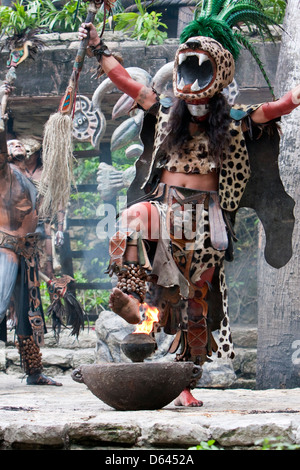 Mayan Dancer Representing Ek Balam (Jaguar), a warrior god, placing ...