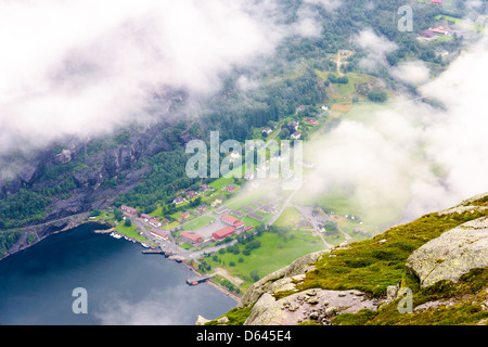 Norway, Rogaland County, Lysebotn Fjord, Preikestolen Rock at 600m ...