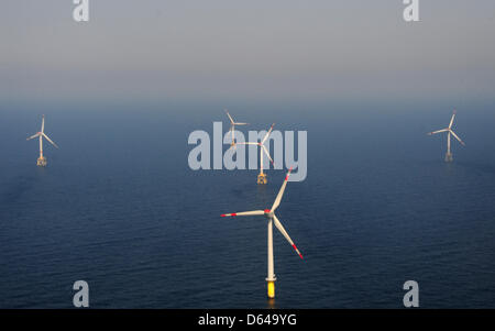 An aerial photo shows the Offshore wind farm Alpha Ventus in the Stock ...