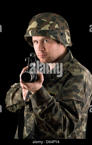 man in black uniform with M16 rifle isolated on white Stock Photo - Alamy