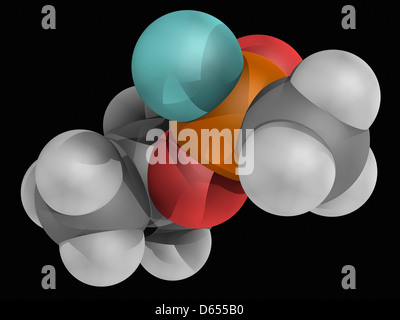 Sarin. Molecular model of the organophosphorus compound sarin (C4.H10.F ...