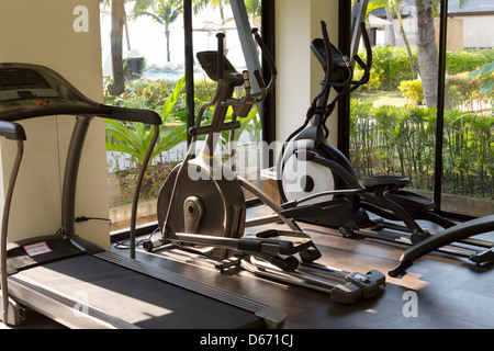 Gym with jogging simulators with windows on the tropics Stock Photo - Alamy