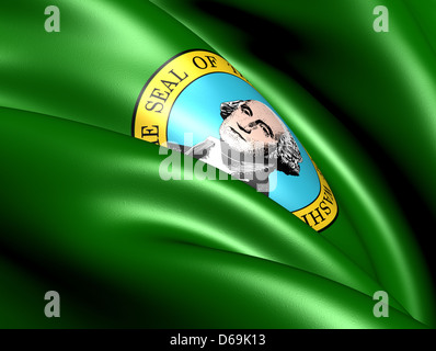 Close-up of Washington state flag waving. Dark green field with a seal ...