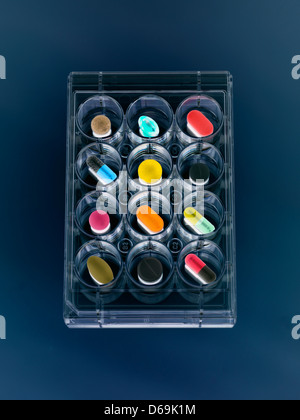 A variety of drugs sitting in a multi well sample tray Illustrating ...