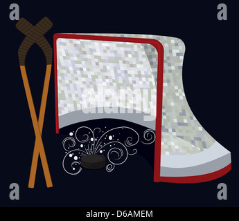 Ice hockey skates, stick and puck, helmet, gloves. Ink black and white ...