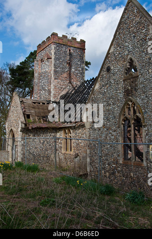 Church ruined by fire St Wandregesilius Bixley Norfolk Stock Photo - Alamy