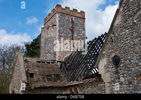 Church ruined by fire St Wandregesilius Bixley Norfolk Stock Photo - Alamy