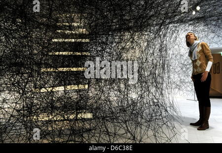 An art installation made from wool on a footbridge at Dale Street Basin ...