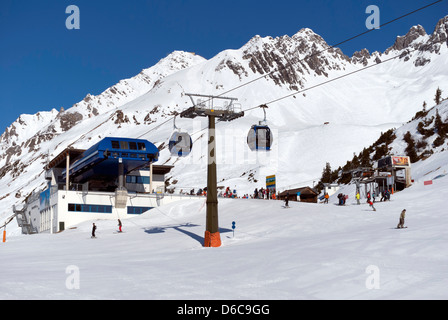 The Gampen ski area and the top of the Nasserein Bahn cable car, above ...
