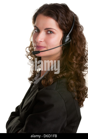 Receptionist at work with headset over isolated white background Stock Photo - Alamy