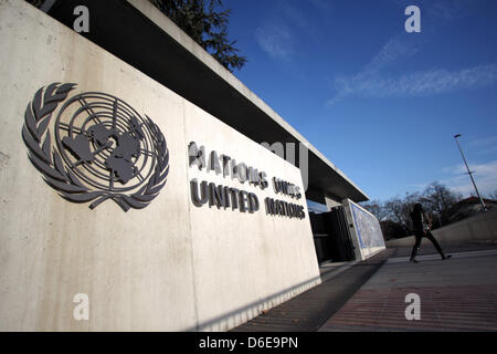 The logo and lettering of the United Nations greet visitors at the ...