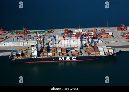 aerial view of container ship MSC Azov Valetta, Malta at industrial area of SoDo, Seattle ...
