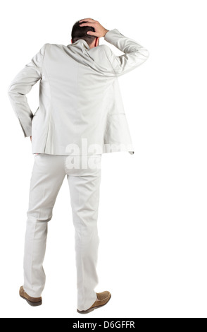 Back view of shocked and scared young man. Hold hands upwards. Rear ...