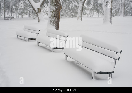 A bench in the park covered with snow in winter. Winter weather and ...