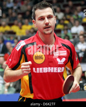 Germany's Timo Boll celebrates the victory after the men's semi-final ...