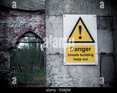 Listed building keep out sign, and danger signs at a former MOD ...