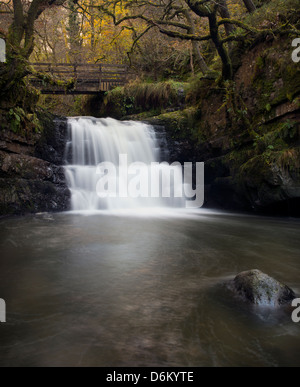 Waterfall on Dinas Rock on the Afon Sychryd river in the Brecon Beacons ...