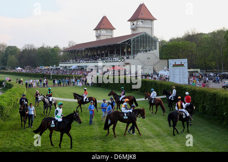 Leipzig, Germany, horses and jockeys in front of the grandstand the ...