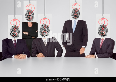 Portrait of people behind interrogation symbol Stock Photo - Alamy